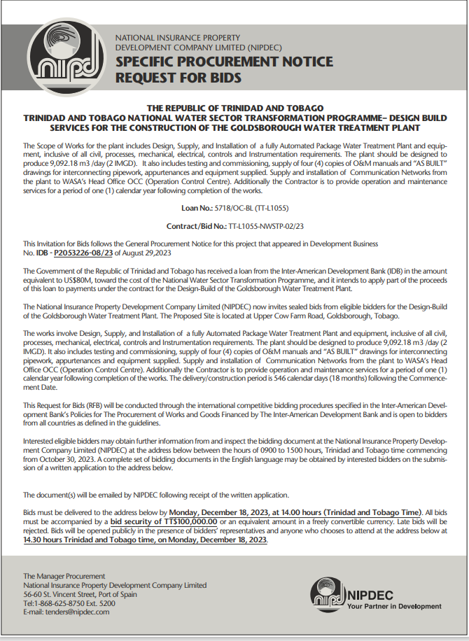 SPECIFIC PROCUREMENT NOTICE REQUEST FOR BIDS – GOLDSBOROUGH | The Ministry of Public Utilities